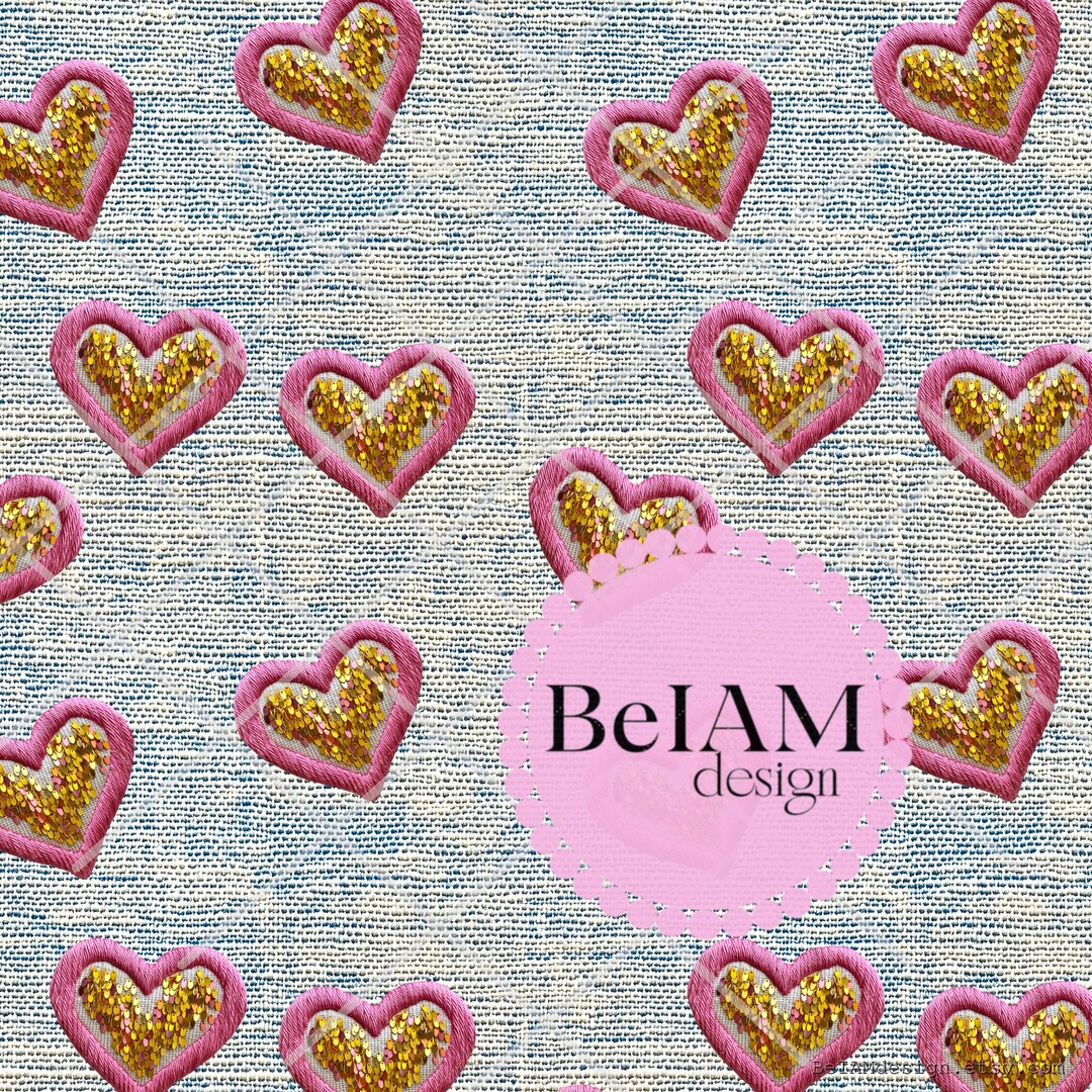 3D Gold Glitter Pink Hearts on Denim Seamless Pattern Repeat File for ...