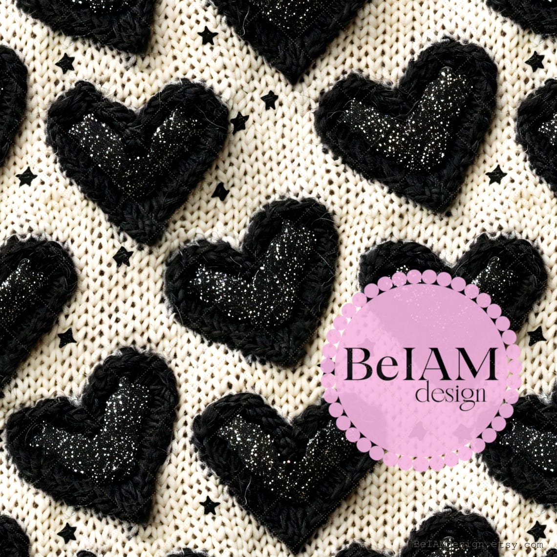 Black Glitter Hearts Seamless Pattern: Faux Knit Fabric, Tumbler Design ...