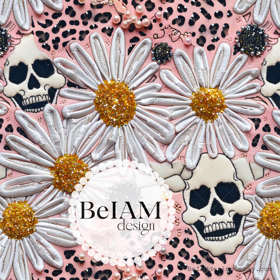 Daisy Skull Seamless Pattern, Gold Glitter Fabric Print (digital) - Etsy