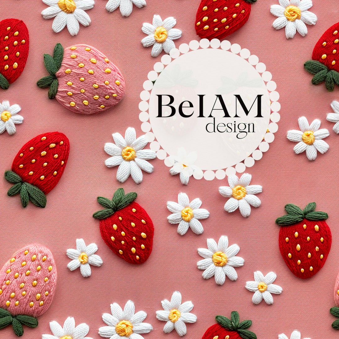 Strawberry and Daisy Faux Embroidery Seamless Pattern Repeating File ...