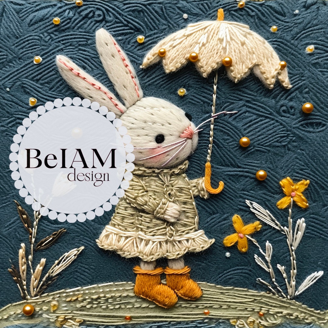 3D Cute Bunny in Wellies Faux Embroidery Repeating File for Fabric ...