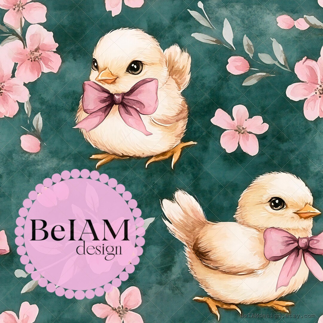 Spring Chicks Seamless Pattern: Pink Bow Fabric Print (digital Download ...