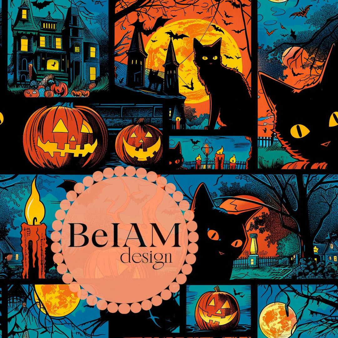 Retro Spooky Black Cat Seamless Pattern Repeating File for Fabric ...