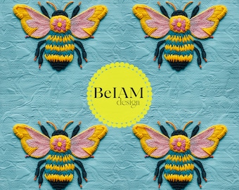 3D Honey Bees Faux Embroidery Seamless Digital Paper Fabric Print ...
