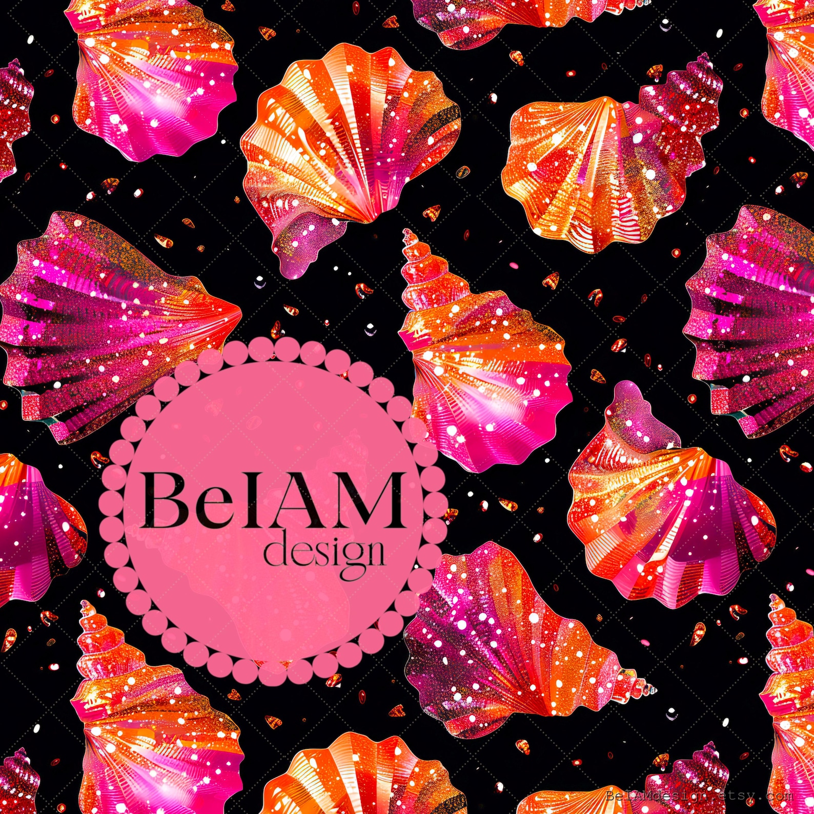 Neon Seashells Seamless Pattern: Pink Orange Beach Design (JPEG File ...