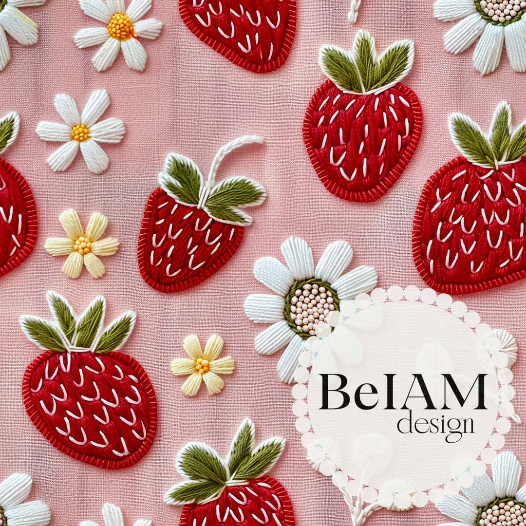 Faux Embroidery Strawberry and Daisy Seamless Pattern Repeating File ...