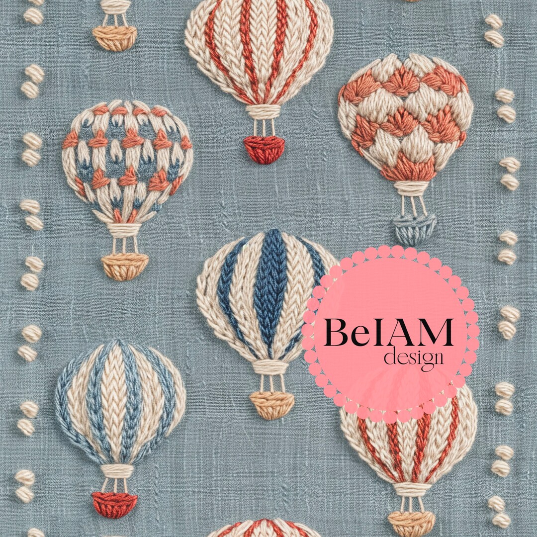 Hot Air Balloon Faux Embroidery Seamless Pattern Repeating File for ...