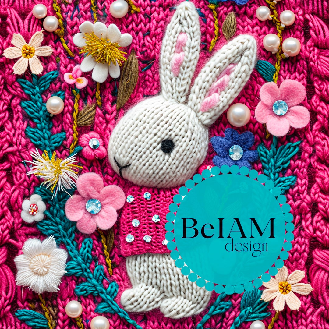Pastel Knitted Bunny Seamless Pattern: Floral Easter Fabric (digital ...