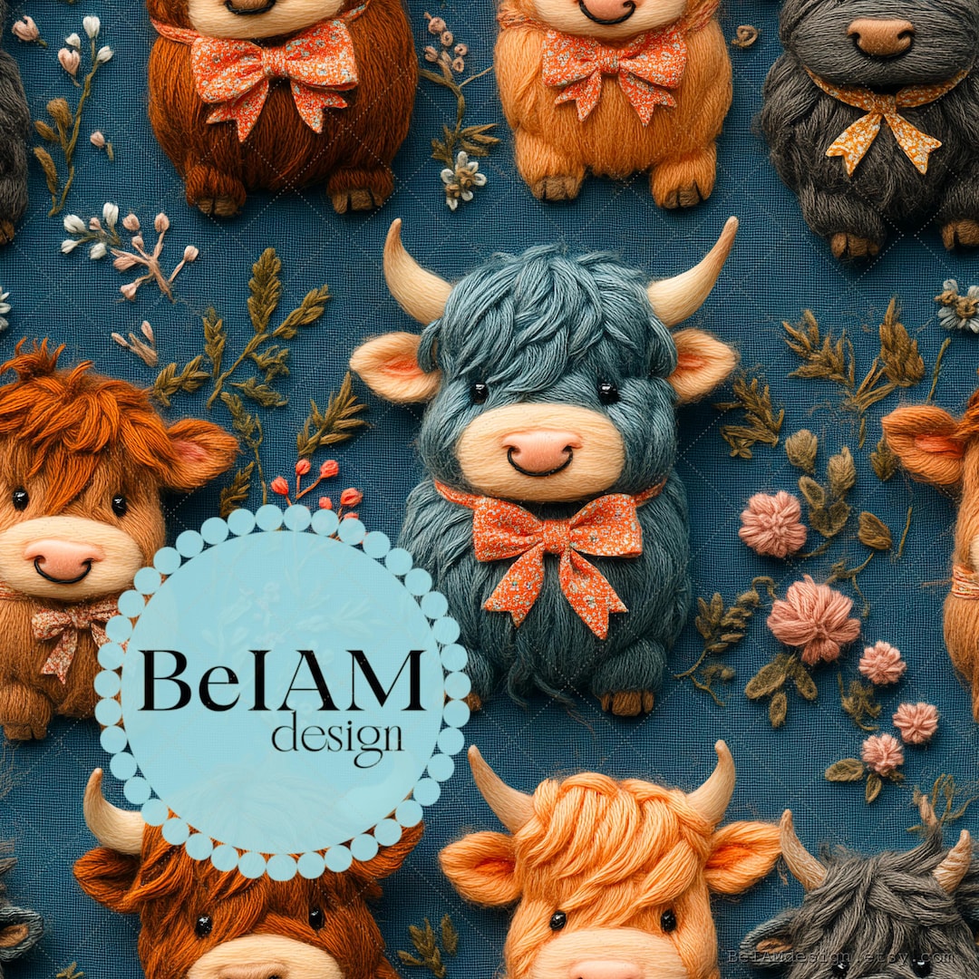 Coquette Highland Cow Seamless Pattern: Floral Fabric Sublimation ...