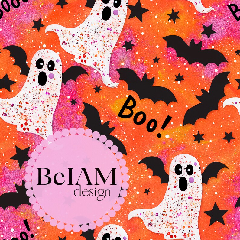 Halloween Ghost Bat Seamless Pattern: Orange Pink Wallpaper (digital ...