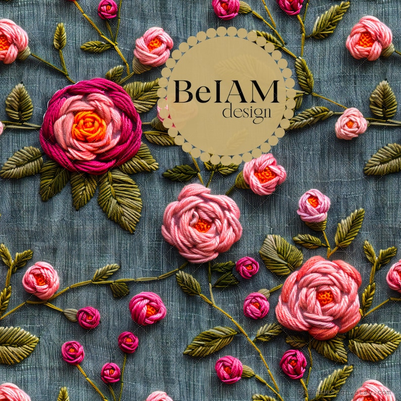 3D Embroidery Roses Seamless Pattern: Fabric, Tumbler, Wallpaper (JPEG ...
