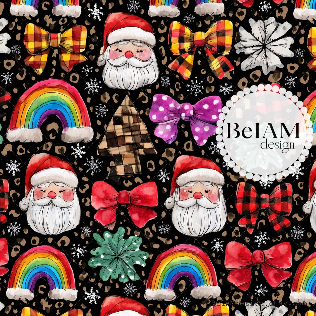 Gingham Animal Print Santa Claus Bows Rainbows Seamless Pattern ...