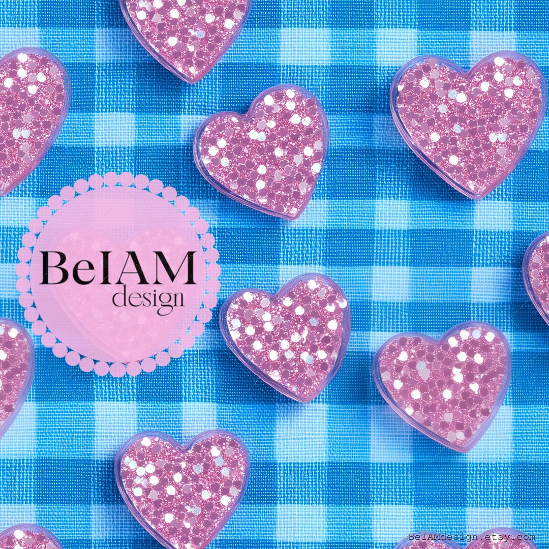 Glitter Pink Hearts Blue Checks Seamless File Repeat Print for Fabric ...