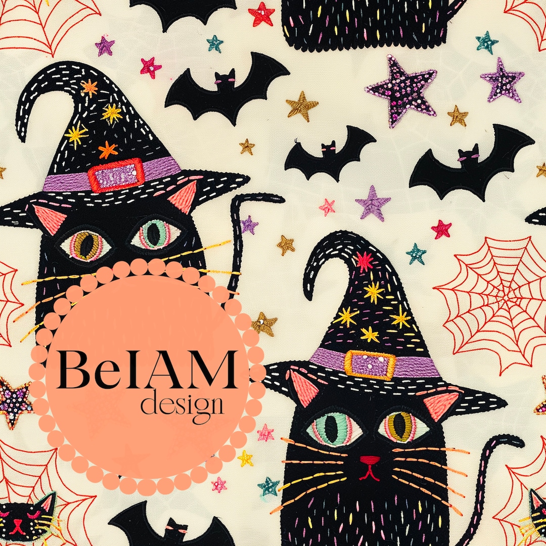 Whimsical Halloween Black Cats Seamless Pattern: Witchy Fabric ...