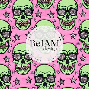Neon Glitter Skulls Stars Seamless Pattern: Retro Halloween Fabric ...