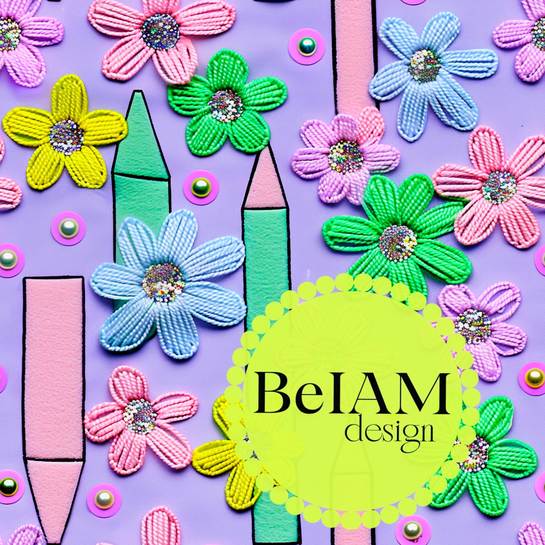 Neon Daisies & Pencils Seamless Pattern: Back to School Fabric Design ...