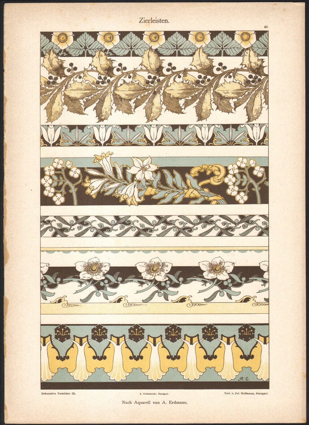 1900 Lithograph Friezes of Flowers A. Erdmann Art Nouveau Motifs - Etsy