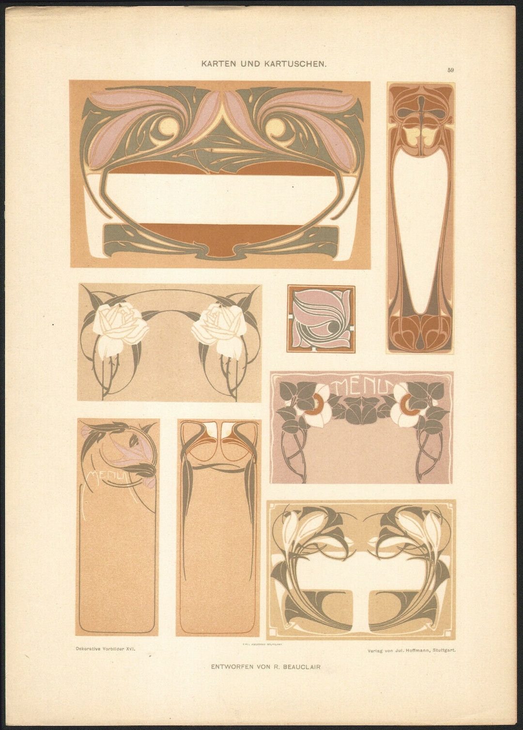 1900 Lithograph René Beauclair Card Motifs Art Nouveau Ornaments - Etsy