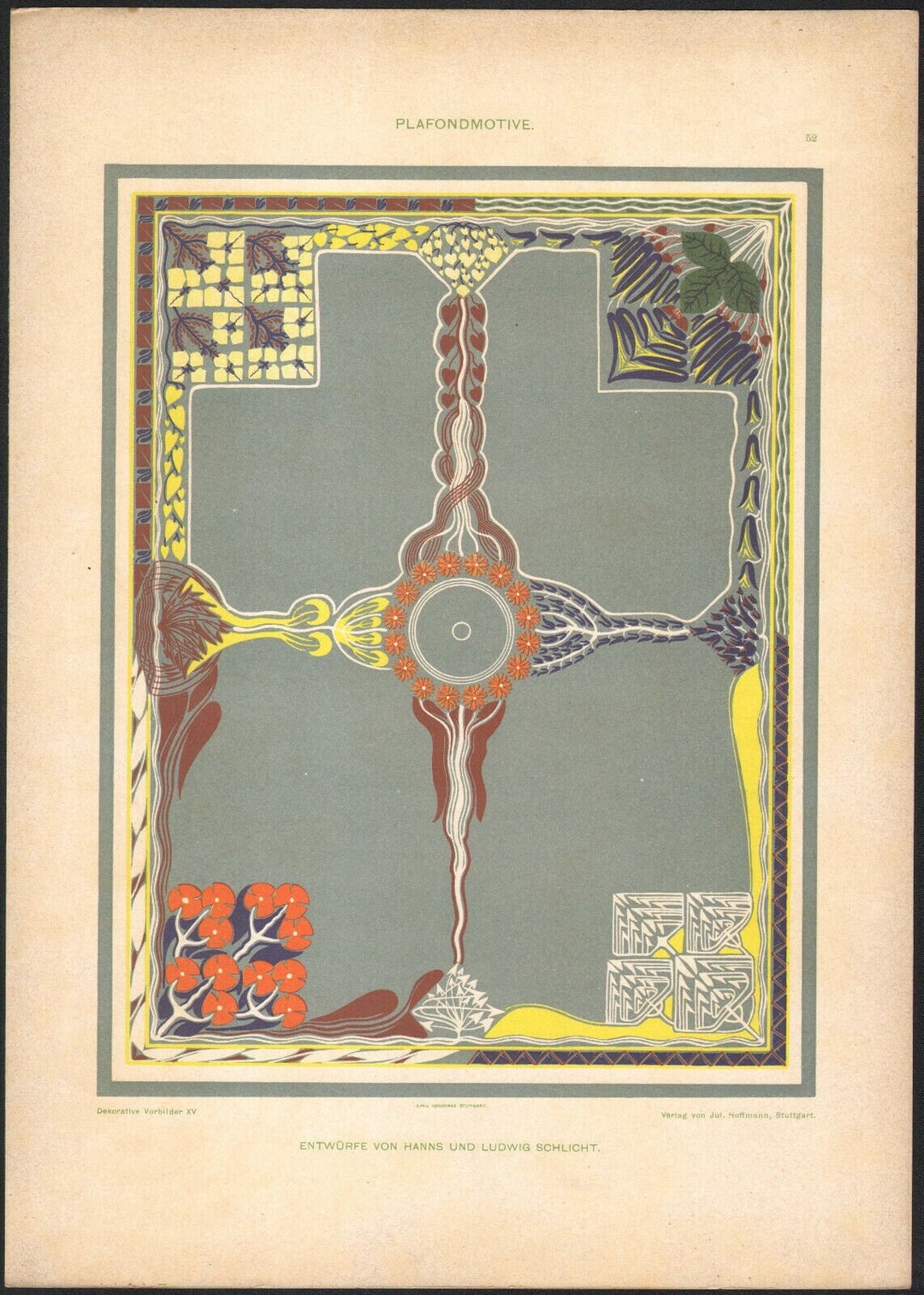 1900 Lithograph Ceiling Patterns Flowers Abstraction Art Nouveau ...