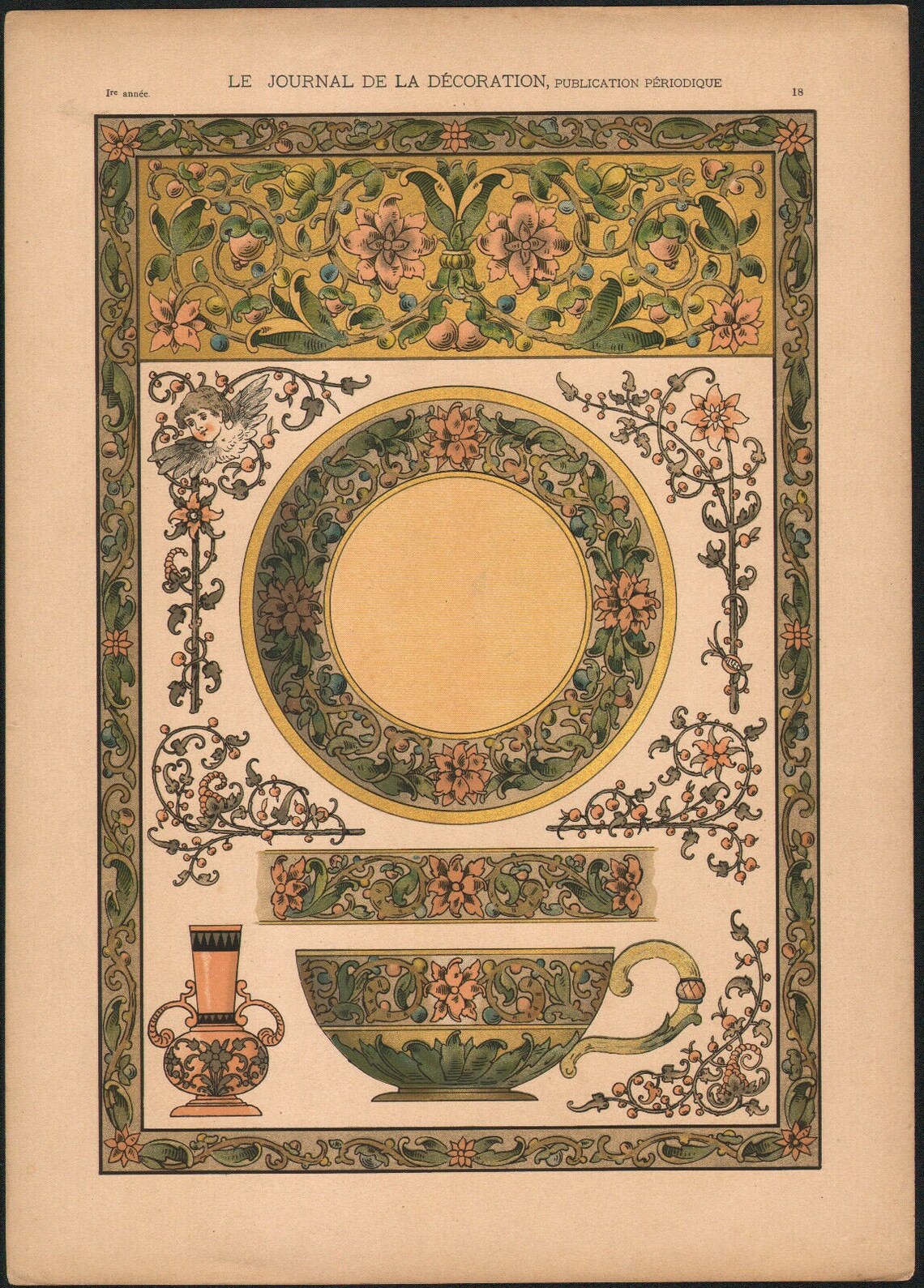 1900 Lithographie Art nouveau Porcelaine Fleurs Motifs Décoration ...