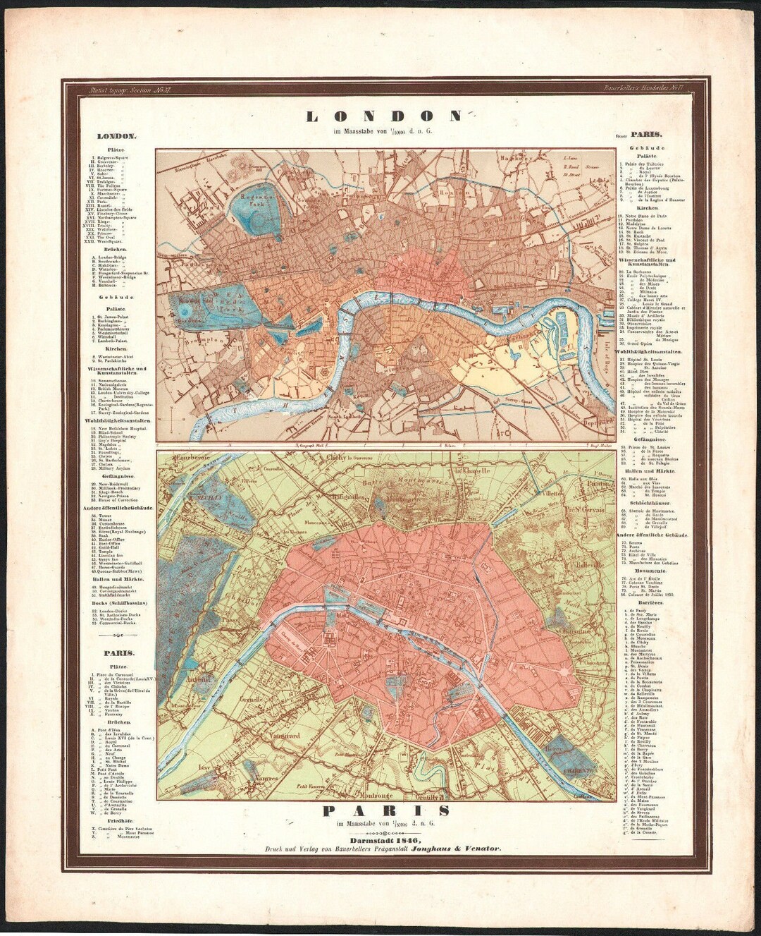 1858 Rare Lithograph Map City of London Paris Plan Ludwig Ewald - Etsy