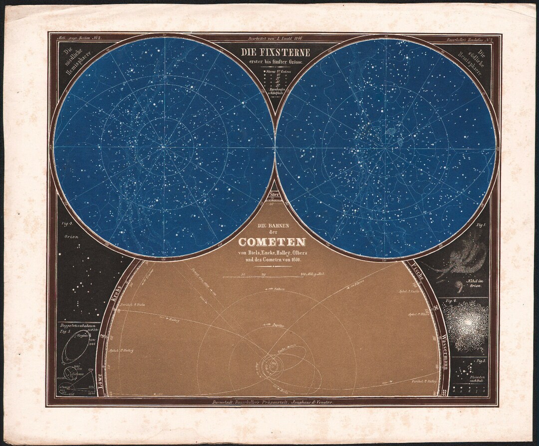 1858 Rare Lithograph Map of Stars and Comet Trajectories, Astronomy, L ...