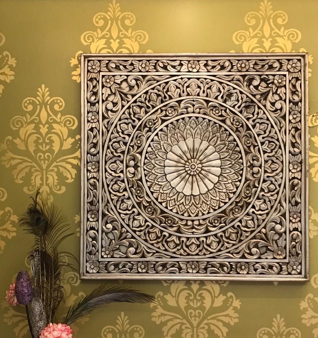 Wooden Hand Carved Wall Panel Floral Design Wall Hanging Decor Antique ...