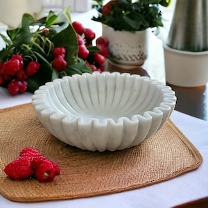 White Marble Ruffle Bowl, Ruffle Marble Bowl Wavy, Marble Decorative ...
