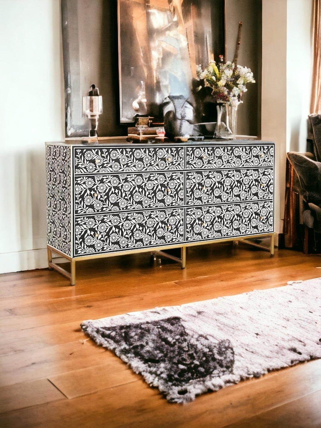Bone Floral Inlay 6 Drawers Chest of Drawers, Bone Inlay Drawers ...