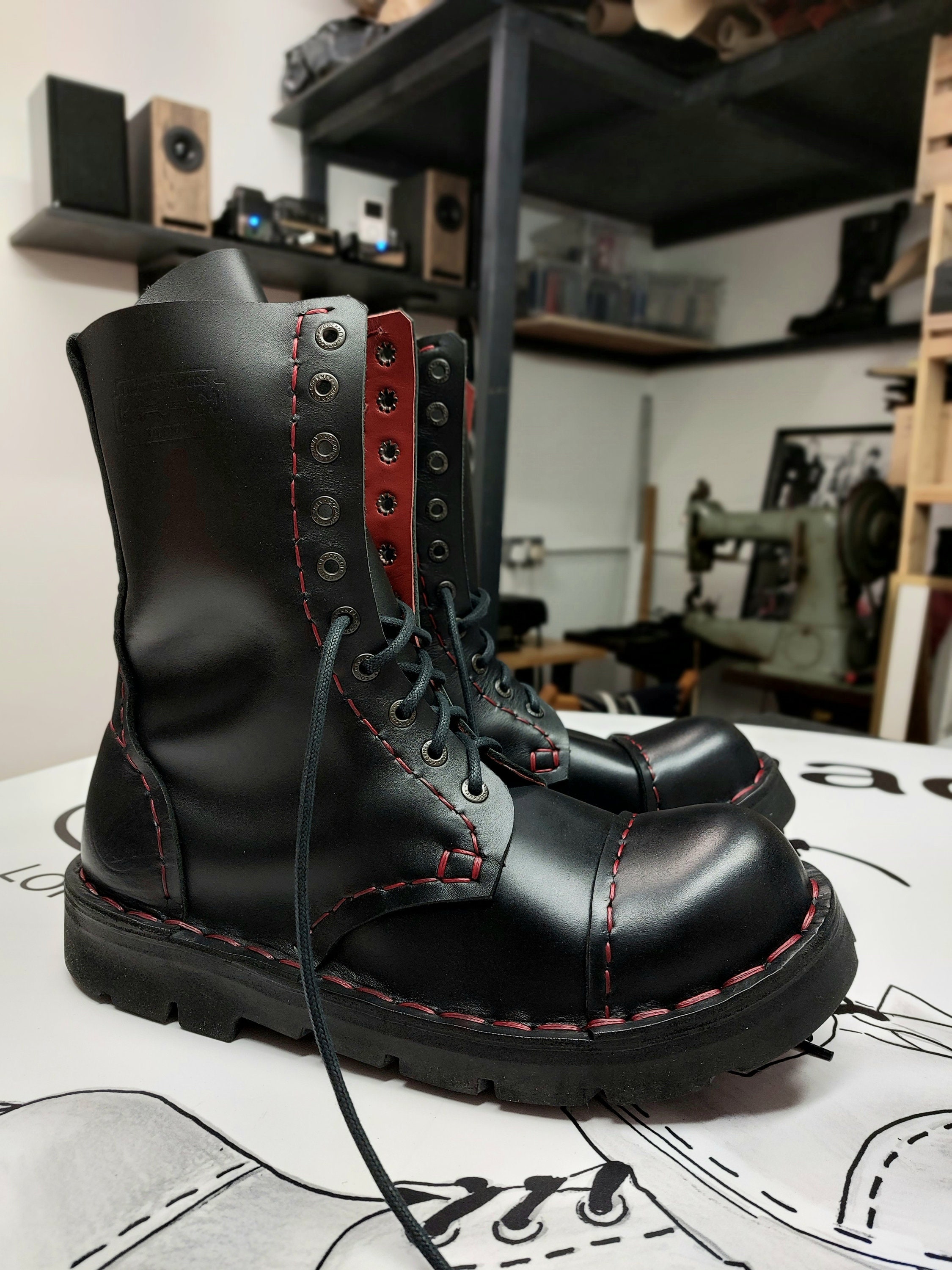 Handmade Cockney Boots, Full Grain Waterproof Black Leather, Red Stitch ...