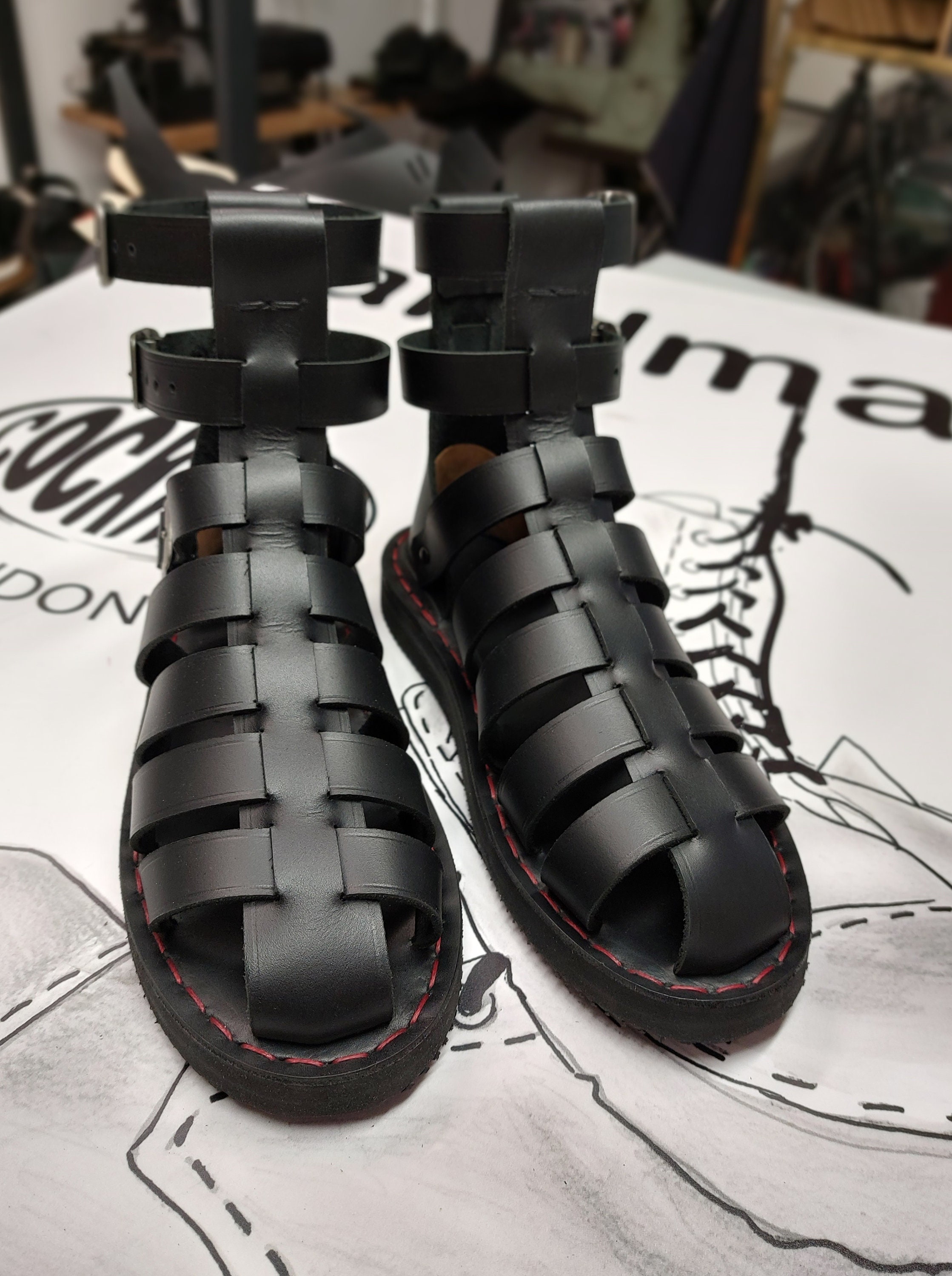Handmade Gladiator Sandals, 3' Buckles Black Full Grain Leather With ...