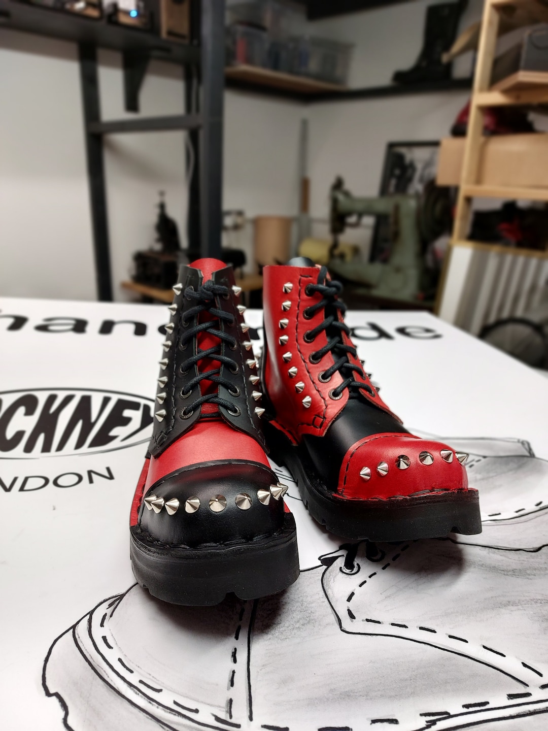 Handmade Cockney Footwear, Two Tone, Black and Red Leather, 6' Eyelets ...