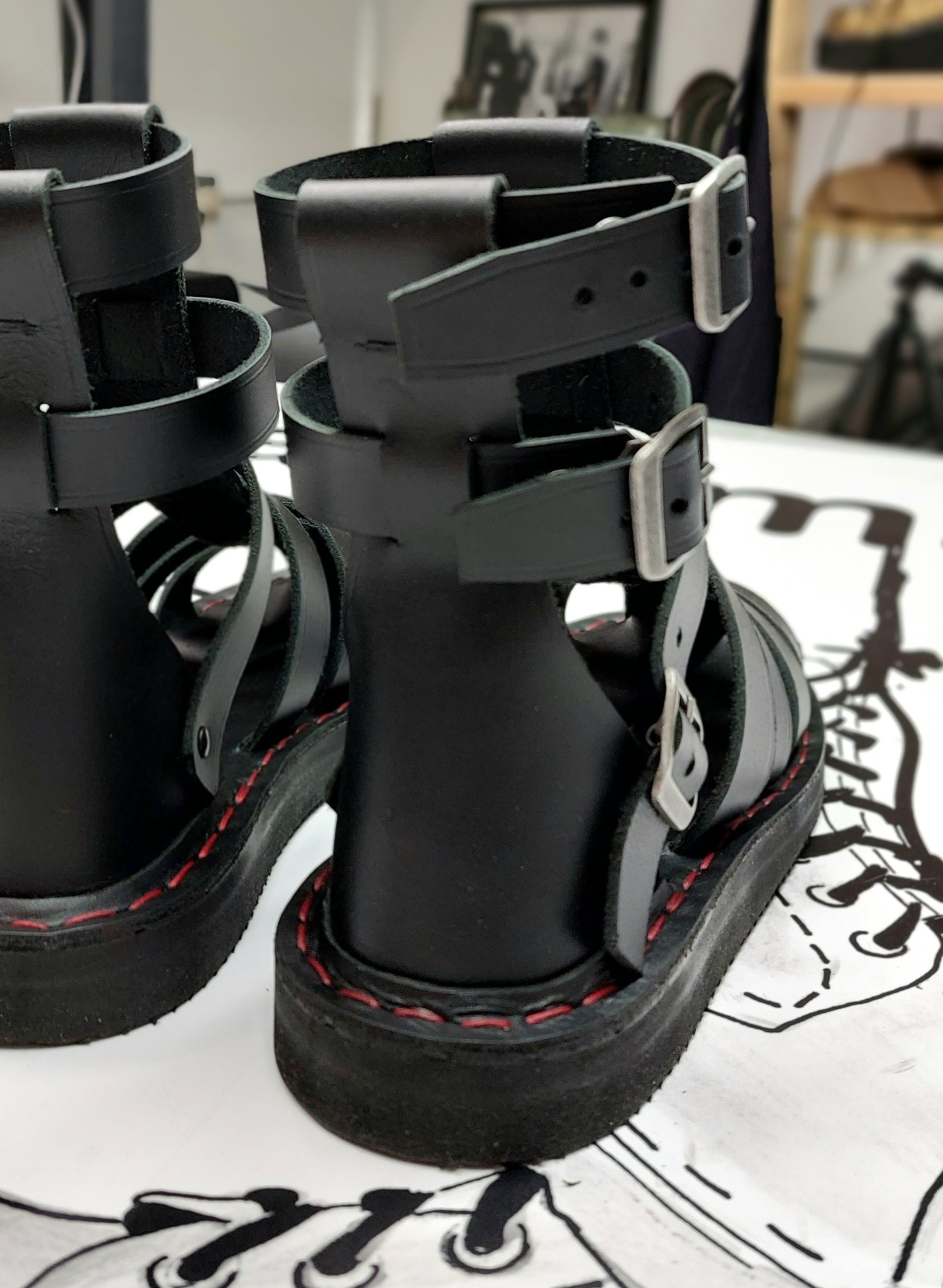 Handmade Gladiator Sandals, 3' Buckles Black Full Grain Leather With ...