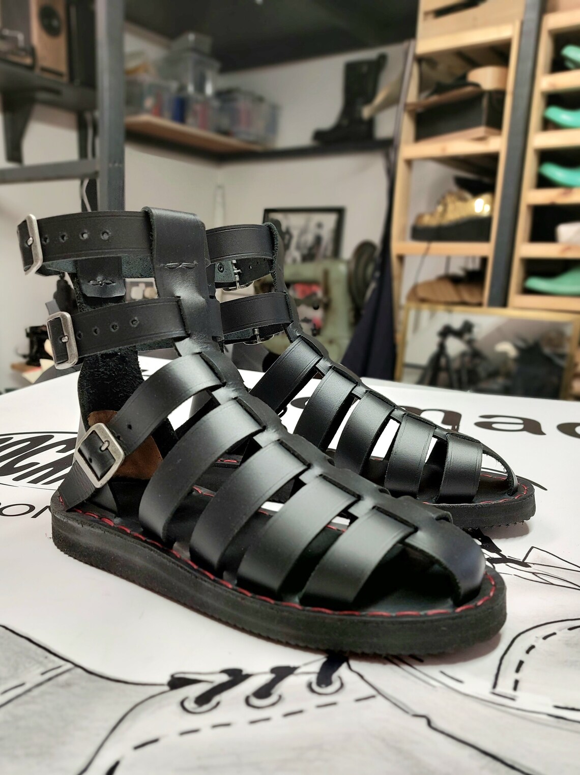 Handmade Gladiator Sandals, 3' Buckles Black Full Grain Leather With ...