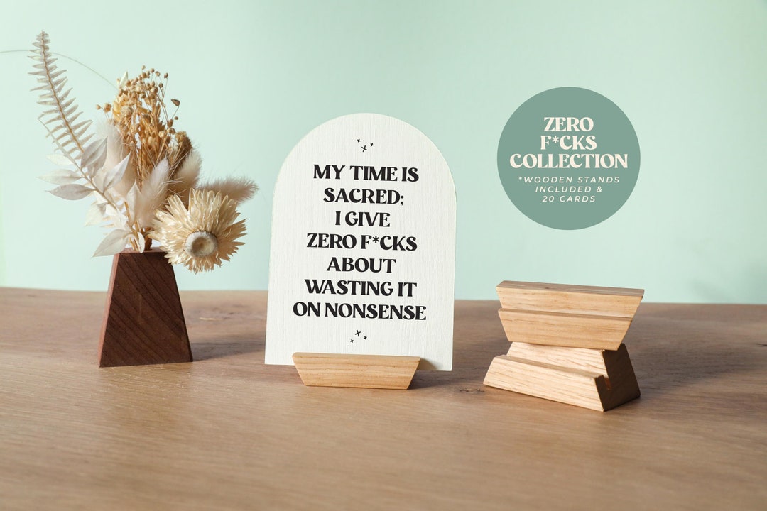 Zero F*cks Sweary Affirmation Cards and Handmade Oak Wood Stands ...
