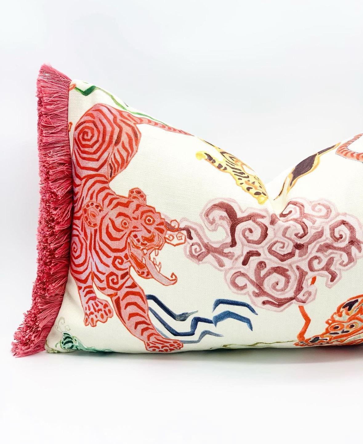Chinoiserie Asian Dragon Pillow Cover, Tibetan Tiger Print, Pink Fringe ...