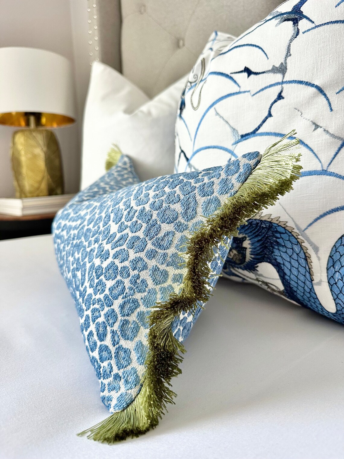 Blue Cheetah Throw Pillow Cover With Green Brush Fringe, Chenille Blue ...