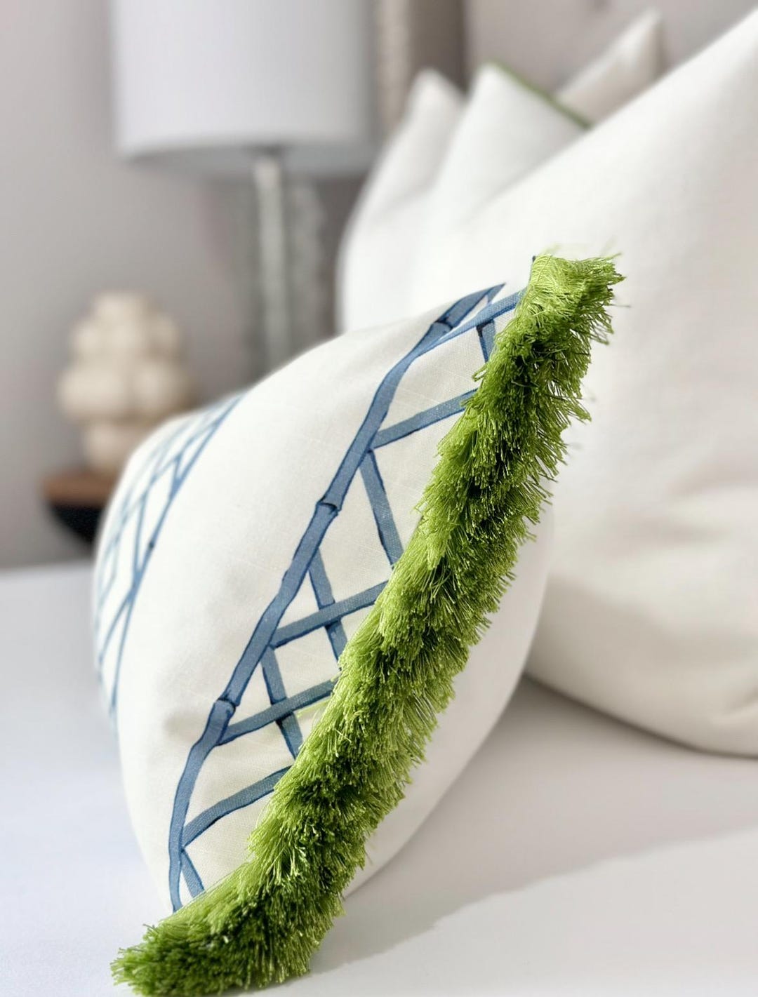 Blue Bamboo Pillow Cover Chinoiserie Style Decorative Pillow Cover One Sided Throw Pillow Cover With Green Brushed Fringe Detail Etsy