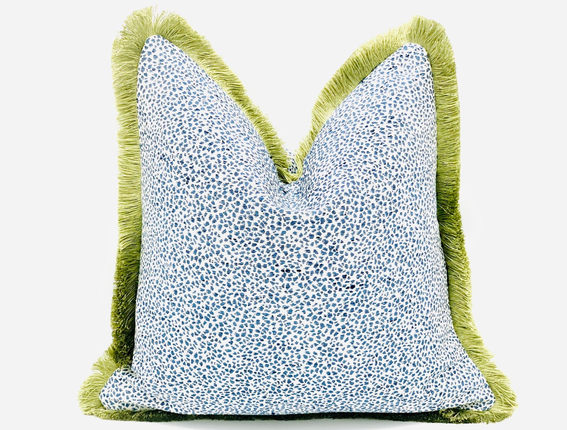 Azure Spotted Throw Pillow Cover With Green Brush Fringe - Etsy