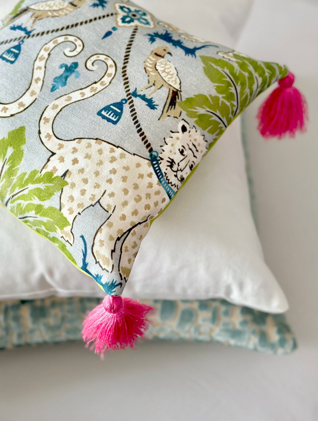 Jaguar Print MINI Throw Pillow Cover With Pink Tassels Detail , Jaguar ...