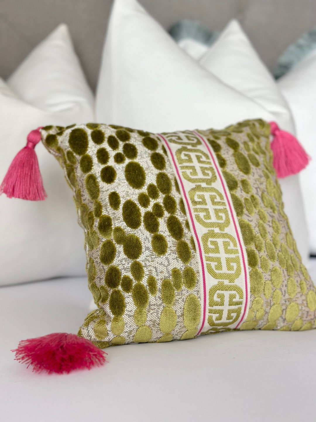 Green Velvet Pebble Pillow With Pink Tassels Detail, Green - Pink ...