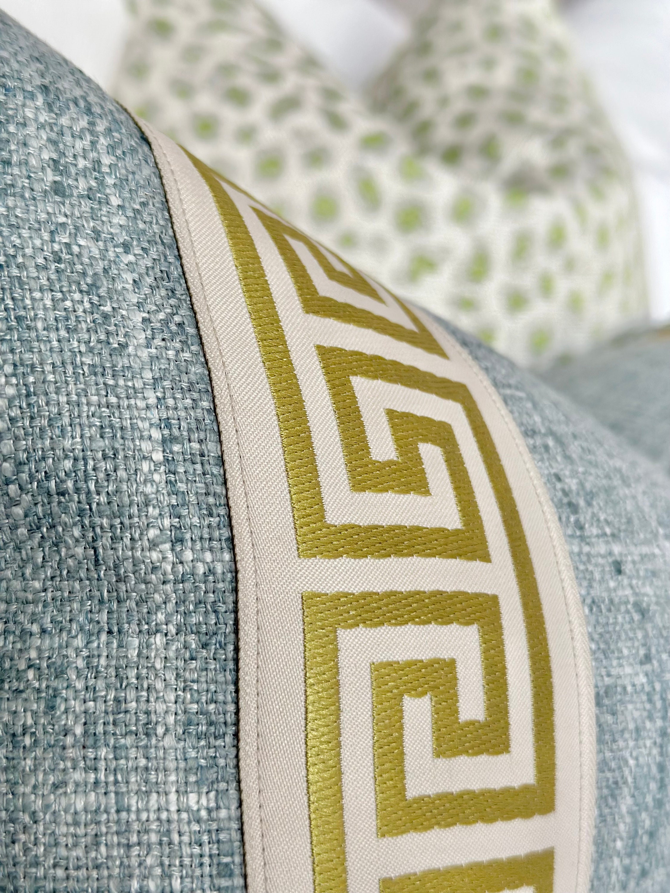 Mist Blue Throw Pillow With Lime Green Greek Key Detail, Blue ...