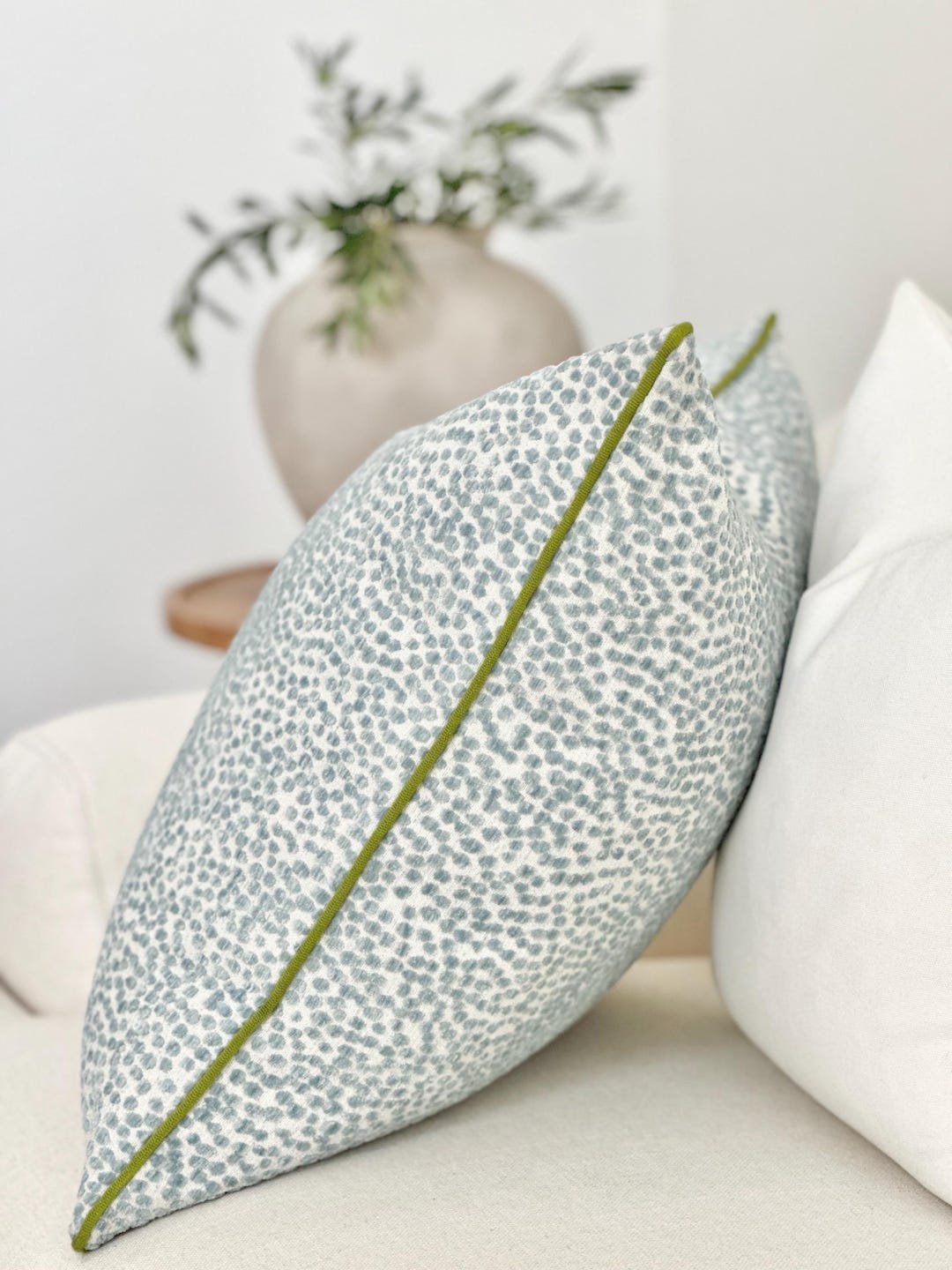 Seaglass Velvet Throw Pillow With Green Trim Detail | Designer Seaglass ...