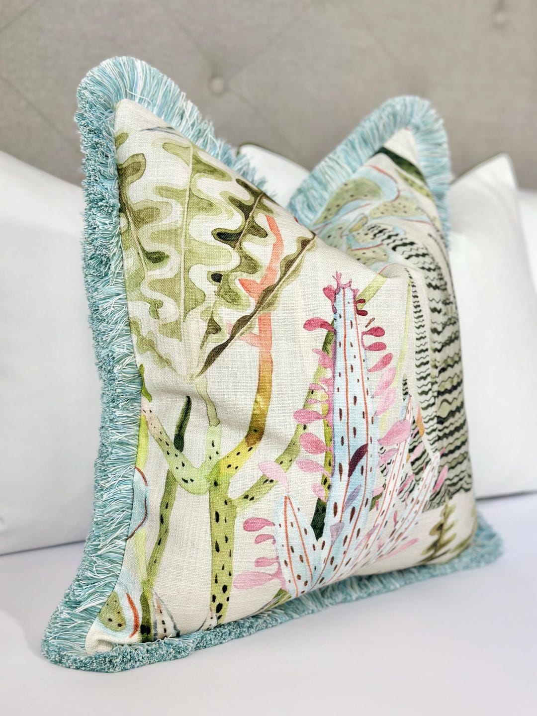 Pastel Throw Pillow Cover With Blue Brushed Fringe Detail , Light Blue ...