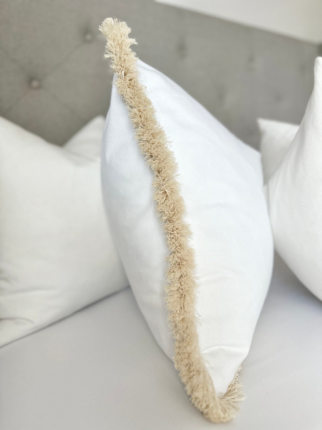 Schumacher White Linen Pillow Cover With Beige Brush Fringe ...