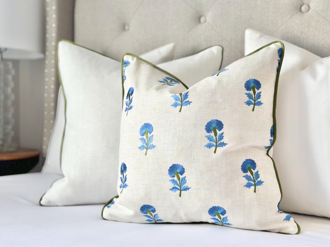 Blue Floral Accent Throw Pillow Cover , Embroidered Designe Pillow ...