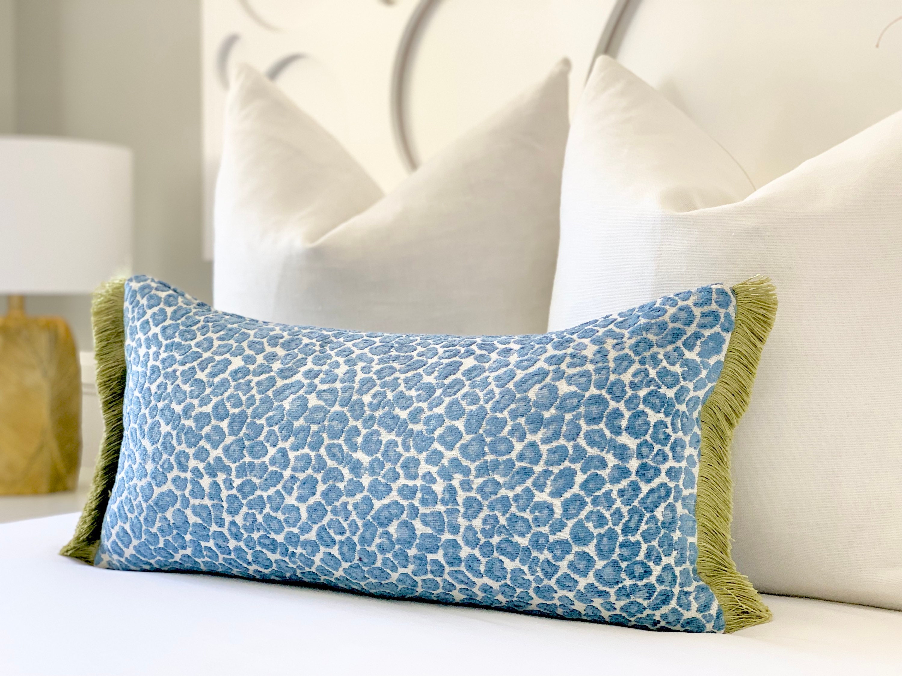 Blue cheetah throw pillow cover with green brush fringe | Etsy