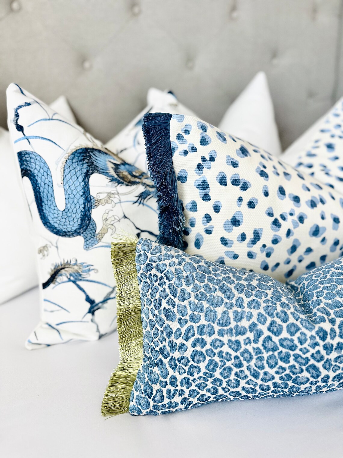 Blue Cheetah Throw Pillow Cover With Green Brush Fringe, Chenille Blue ...