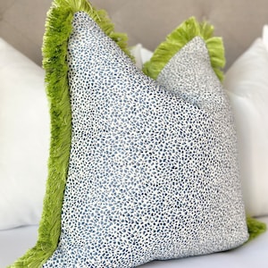 Blue Azure Spotted Throw Pillow Cover With Green Brushed Fringe Detail ...