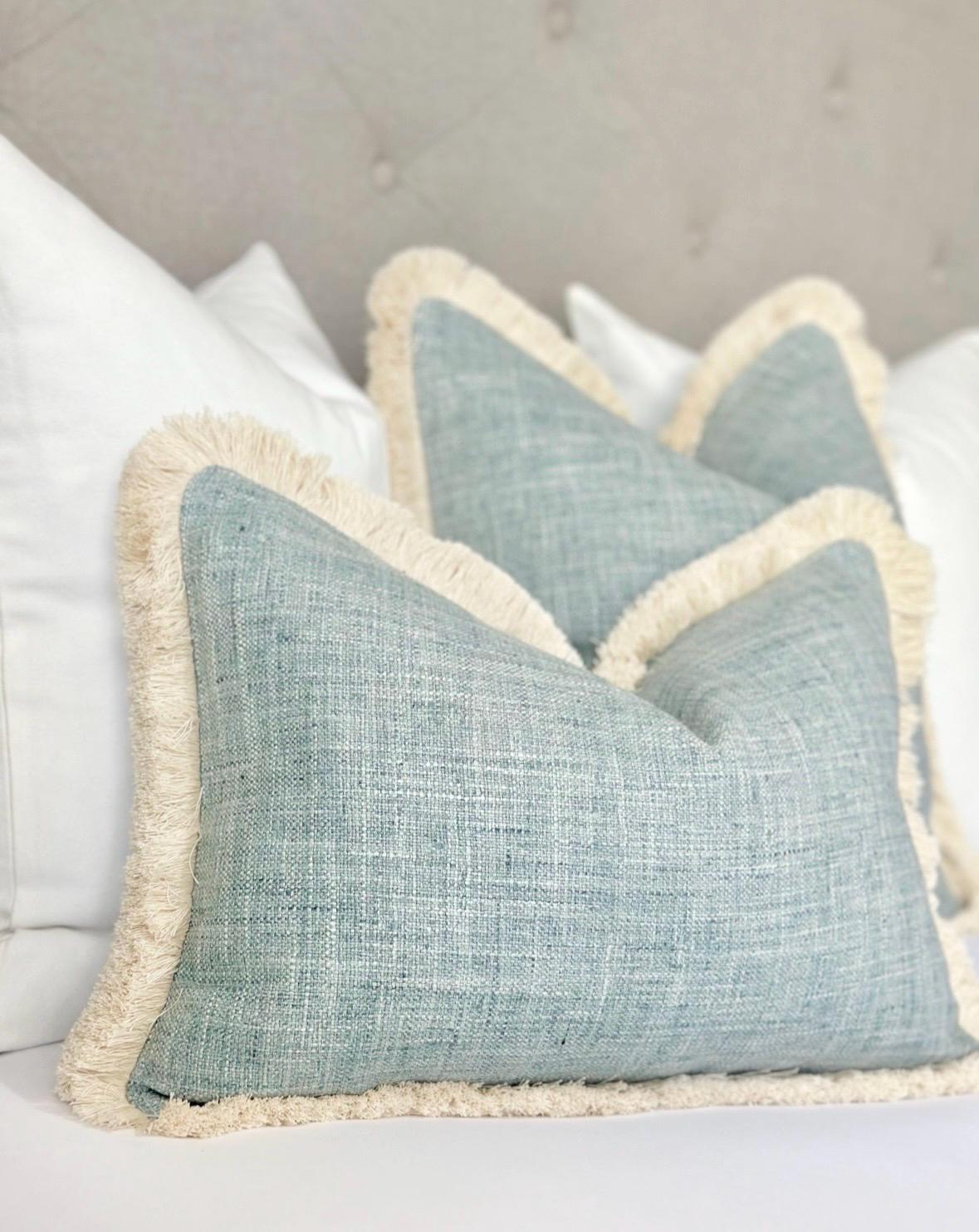 Mist Blue Throw Pillow Cover With Beige Brushed Fringe Detail , Light ...